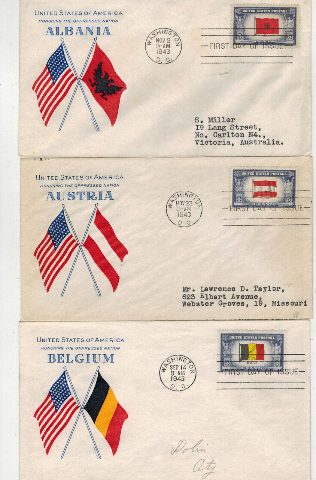1943 WW2 Patriotic FDC 909-921 Cmplt SET of 13 Overrun Countries ...