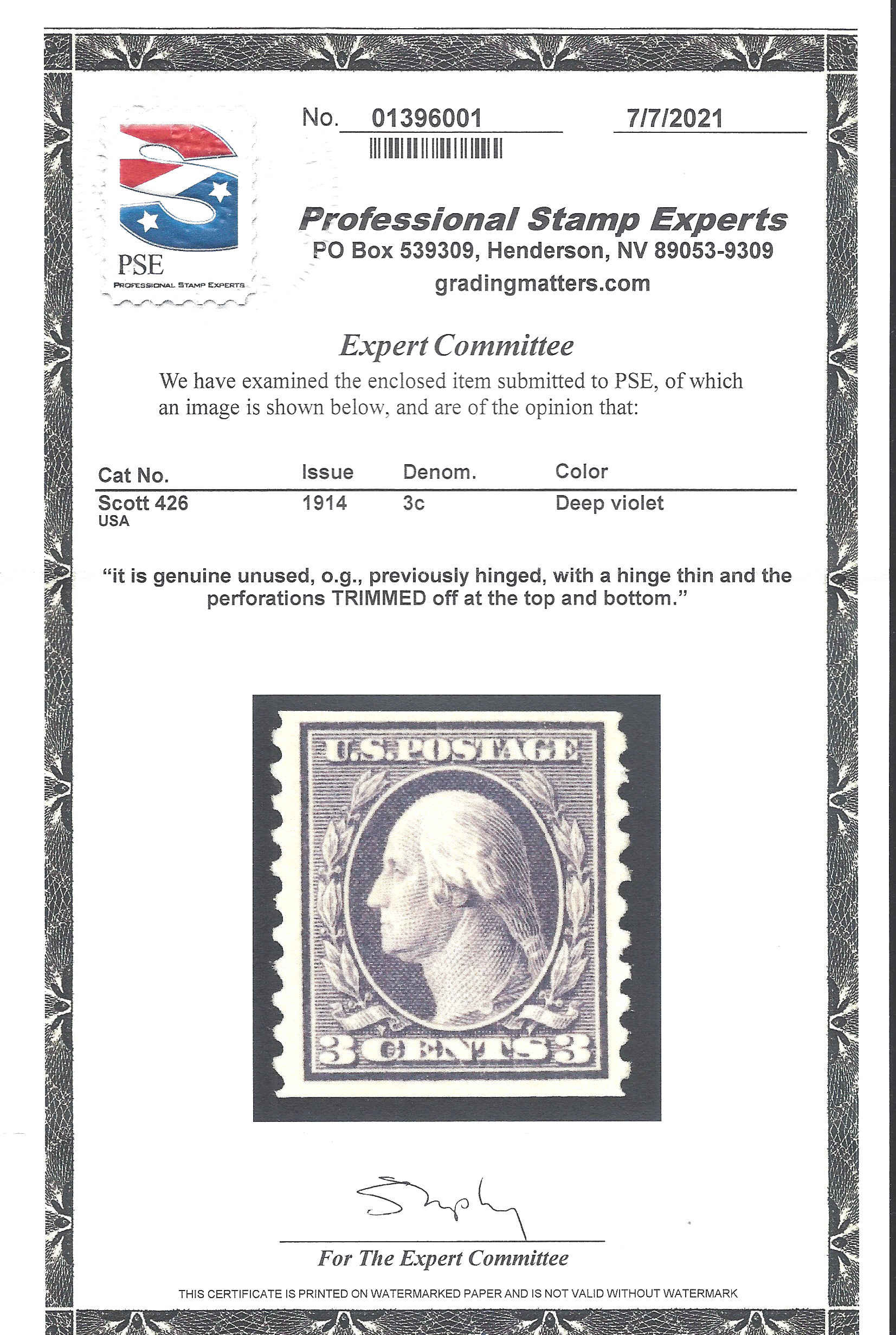 426 Mint,OG,HR... PSE Certificate... SCV $15.00 | United States ...