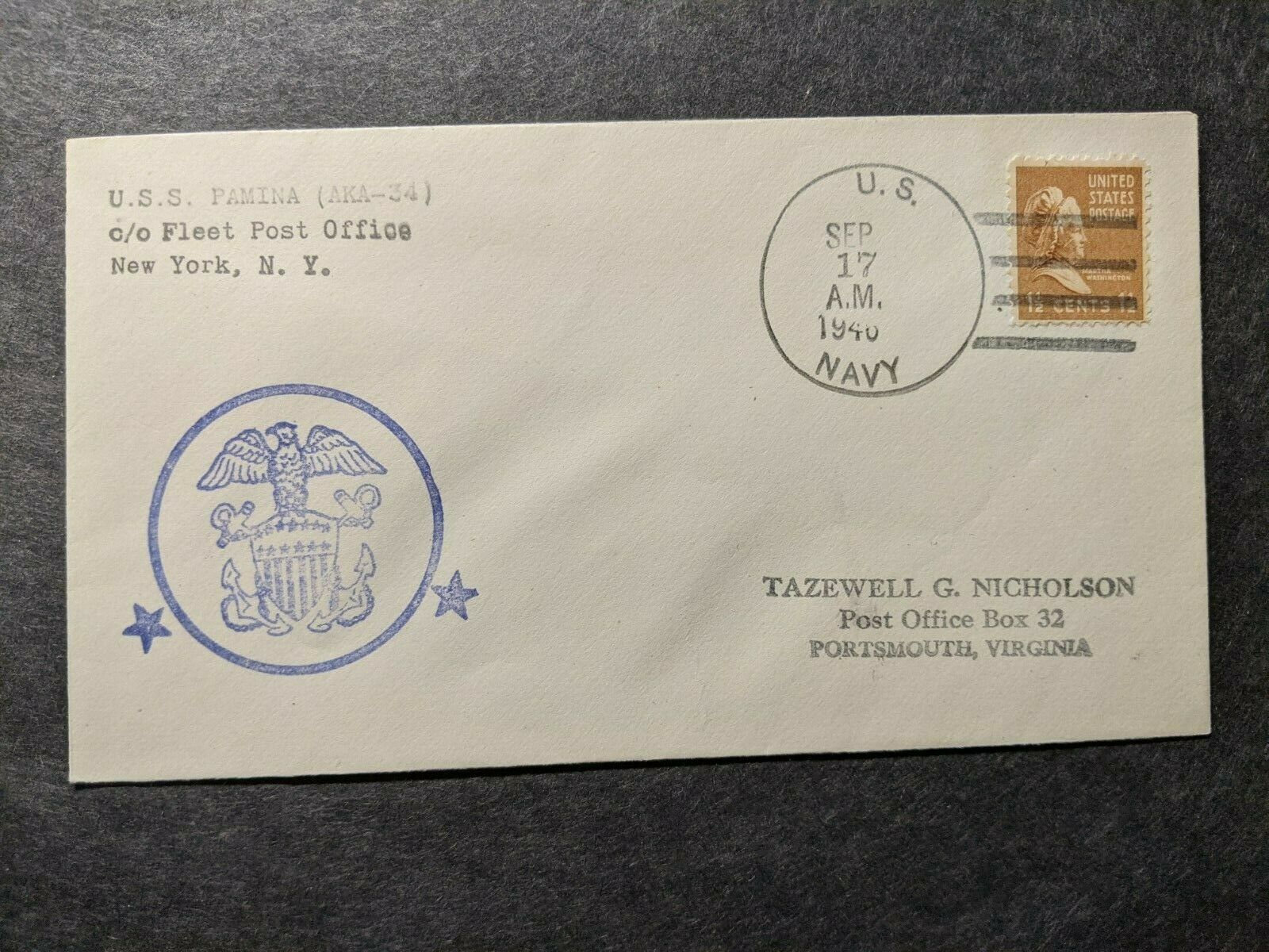 USS PAMINA AKA-34 Naval Cover 1946 Cachet later USS TANNER AGS-15 ...