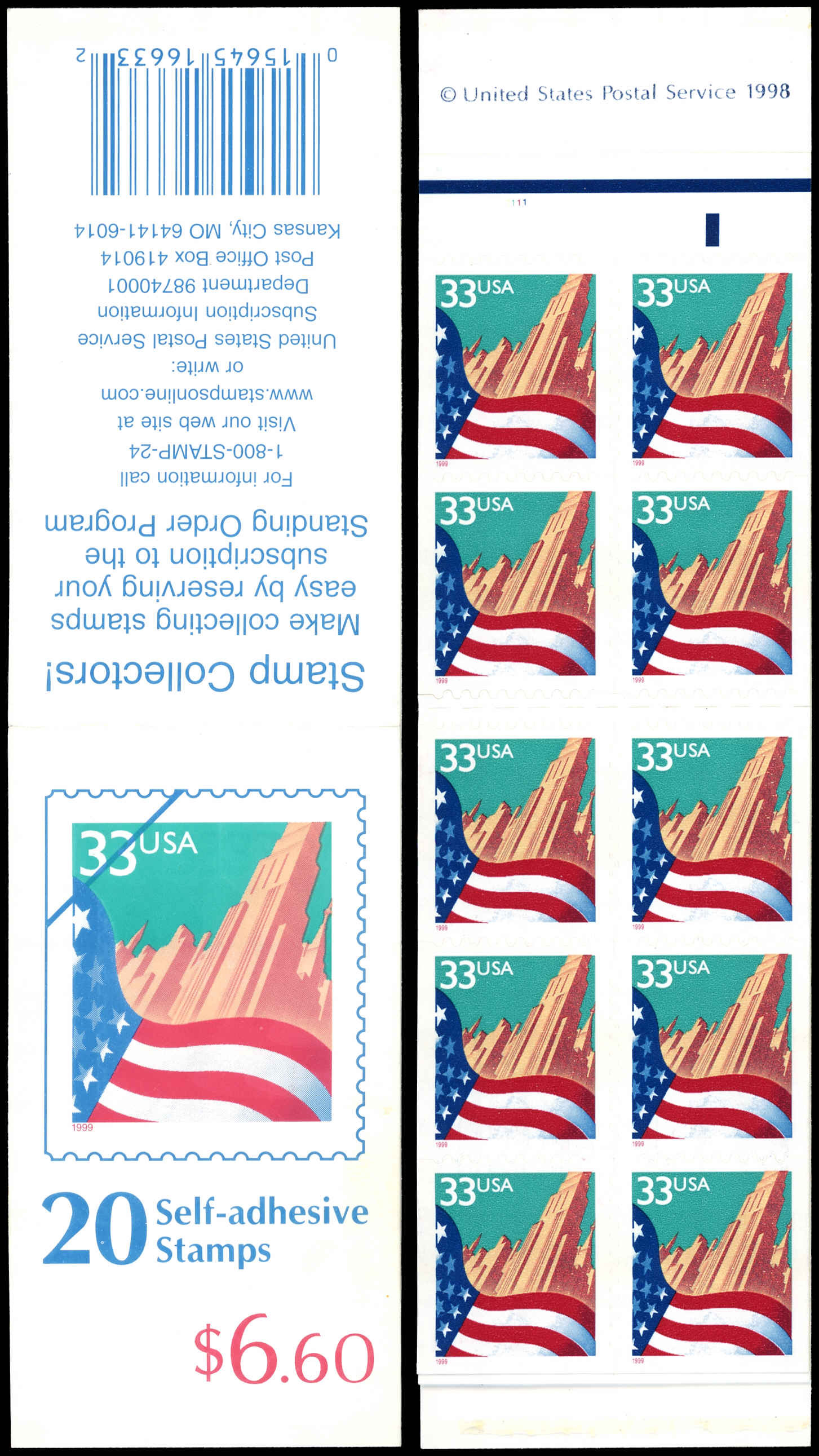 US Sc BK276 3279a MNH COMPLETE BOOKLET - 1999 33¢ City Flag - 20 stamps ...
