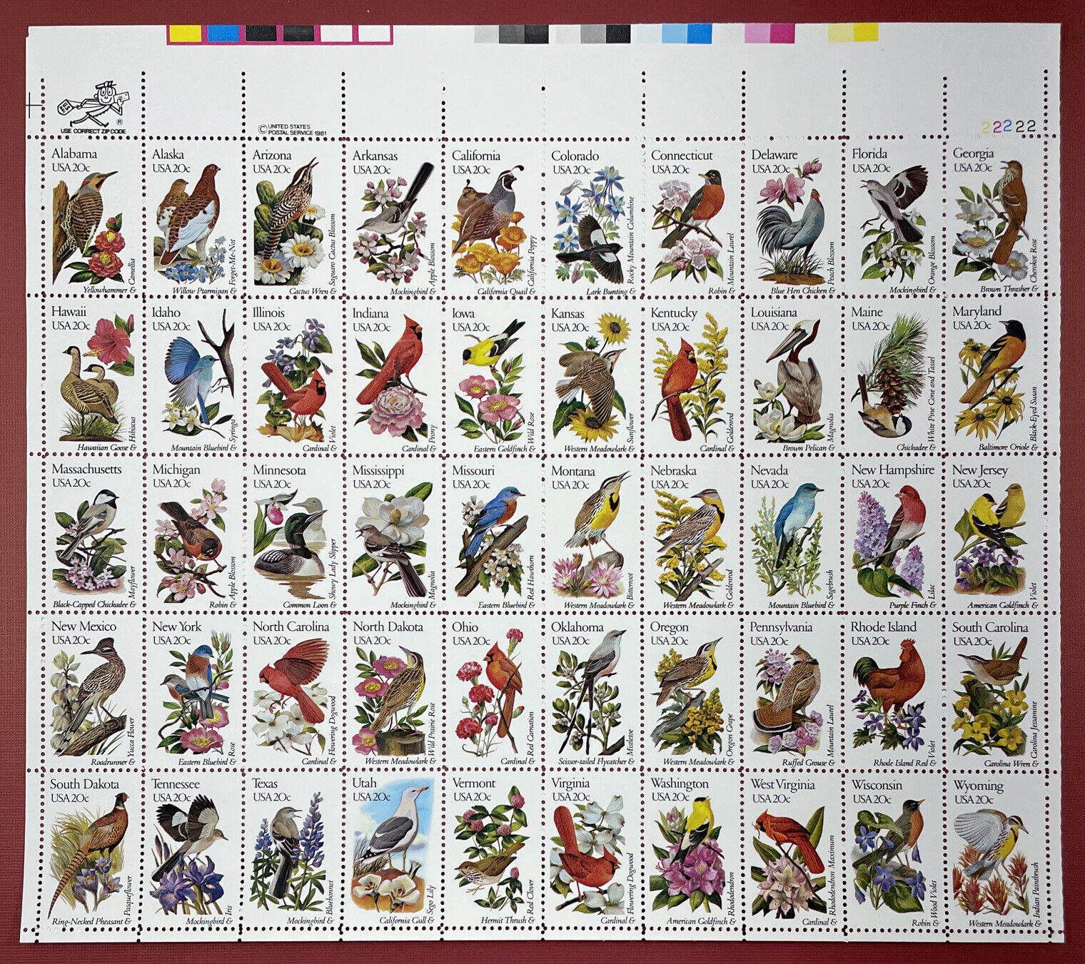 1953-2002 STATE BIRDS & FLOWERS Sheet of 50 US 20¢ Stamps 1982 NH ...