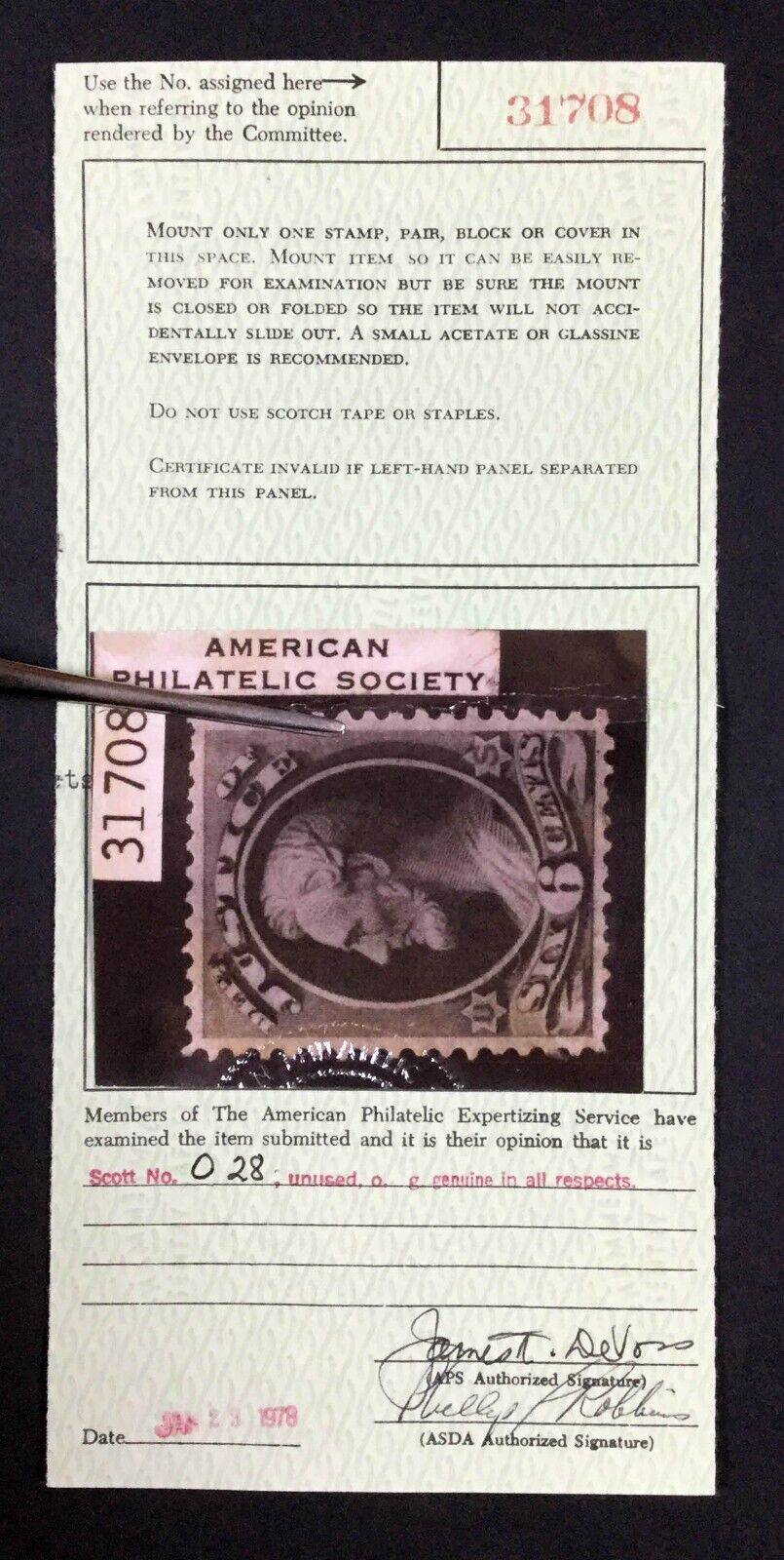 US Stamps #O28 Official Mint OG LH XF APS Cert LOT #80873 | United ...