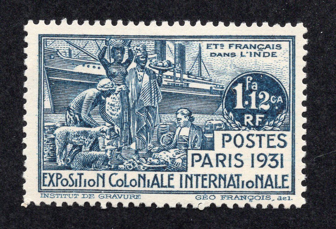 French India 1931 1fa12ca dull blue Colonial Exposition, Scott 103 MH ...