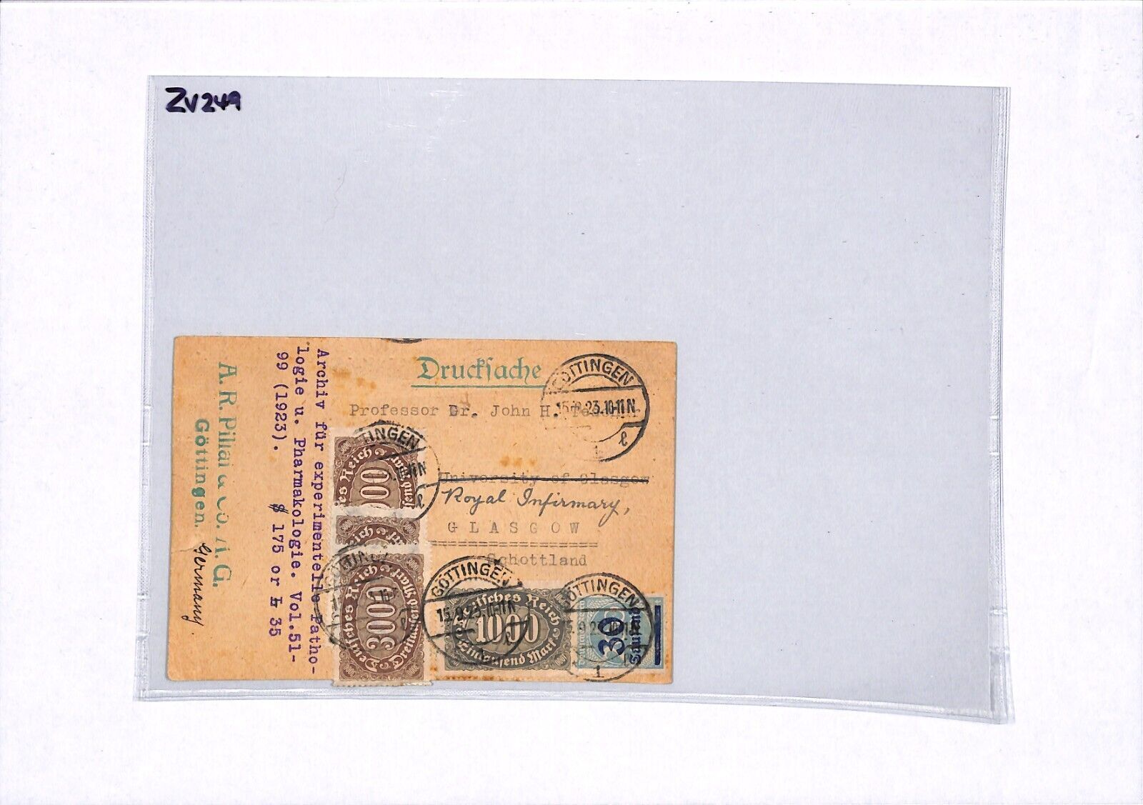 GERMANY 1923 INFLATION Card Göttingen MEDICAL/SCIENCE GB Glasgow ...