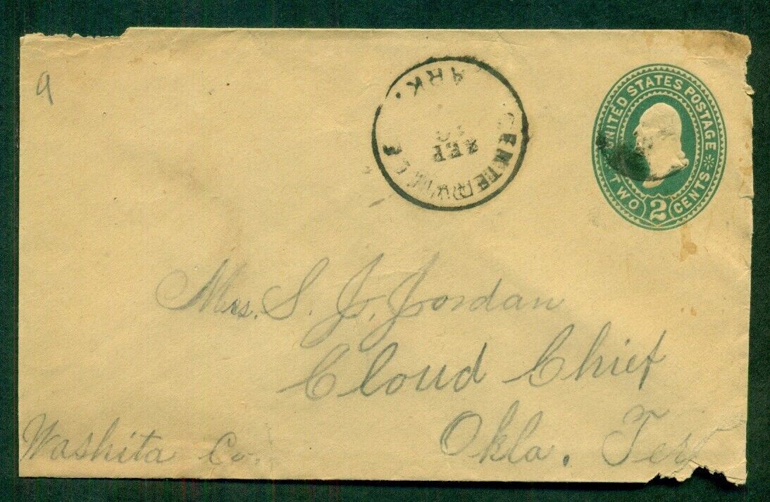 1880's 2¢ envelope to Oklahoma Terr CLOUD CHIEF (bkstp) from ARKANSAS ...