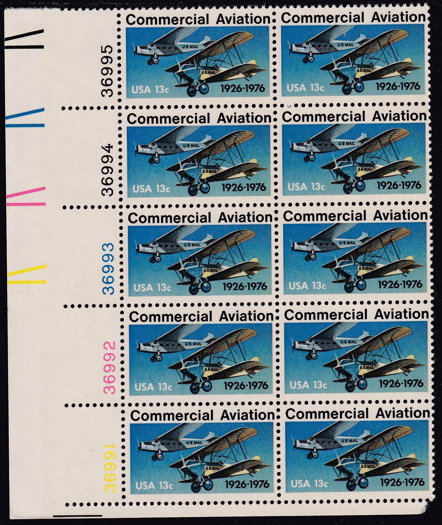Sc# 1684 U.S 13¢ "Commercial Aviation"1976 plt# blk of 10 MNH $2.75 ...