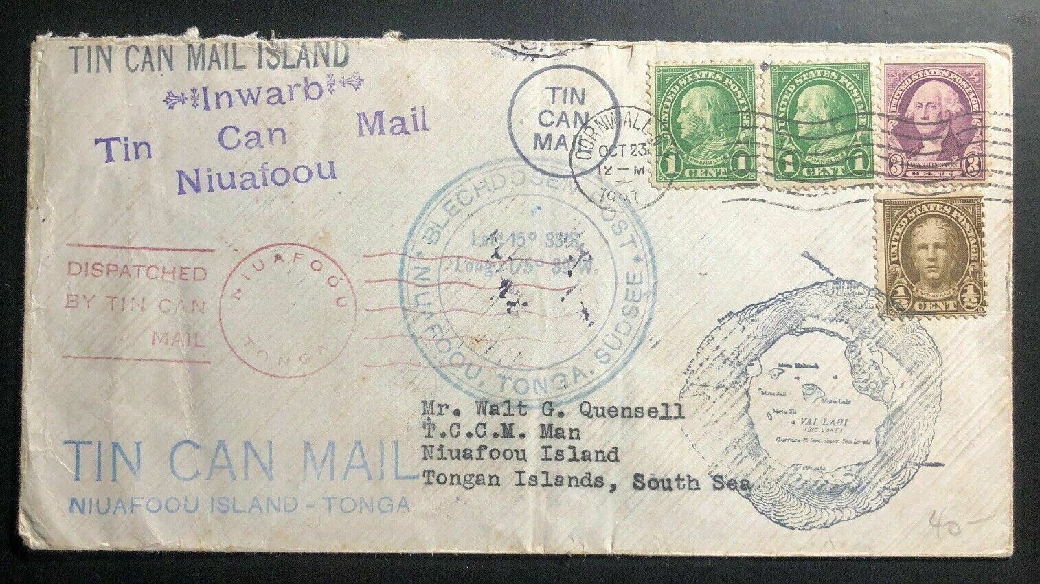 1937 Cornwall NY USA To Niuafoou Tonga Toga Tin Can Canoe Mail Cover ...
