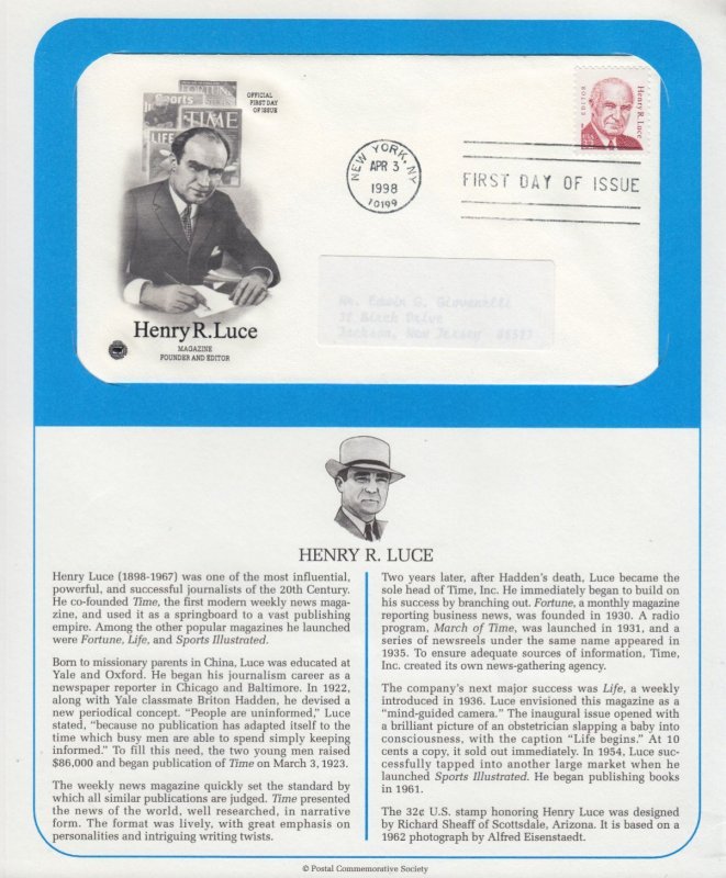 1998 Henry R. Luce publisher Sc 2935 FDC with PCS cachet on info page ...