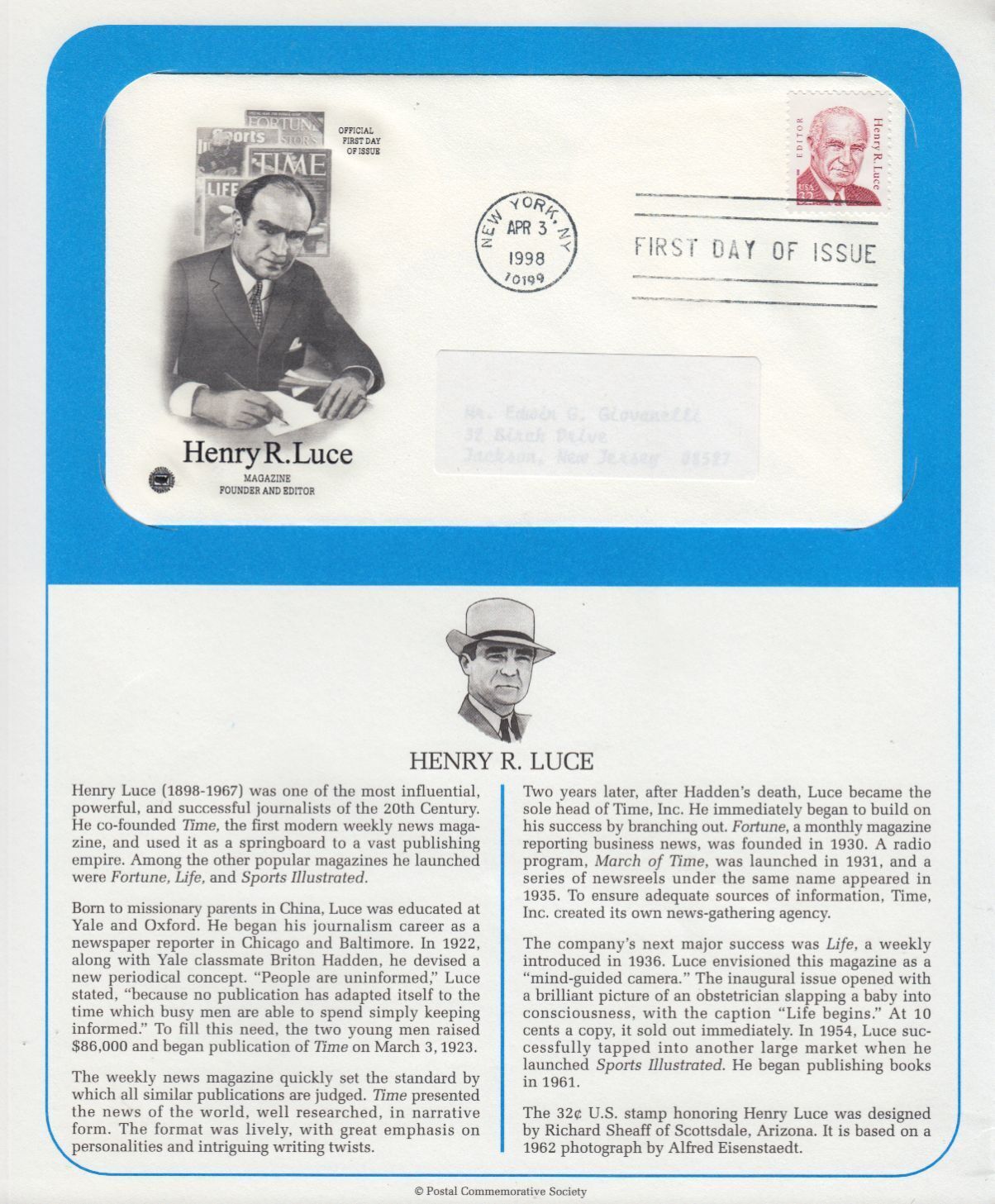 1998 Henry R. Luce publisher Sc 2935 FDC with PCS cachet on info page ...