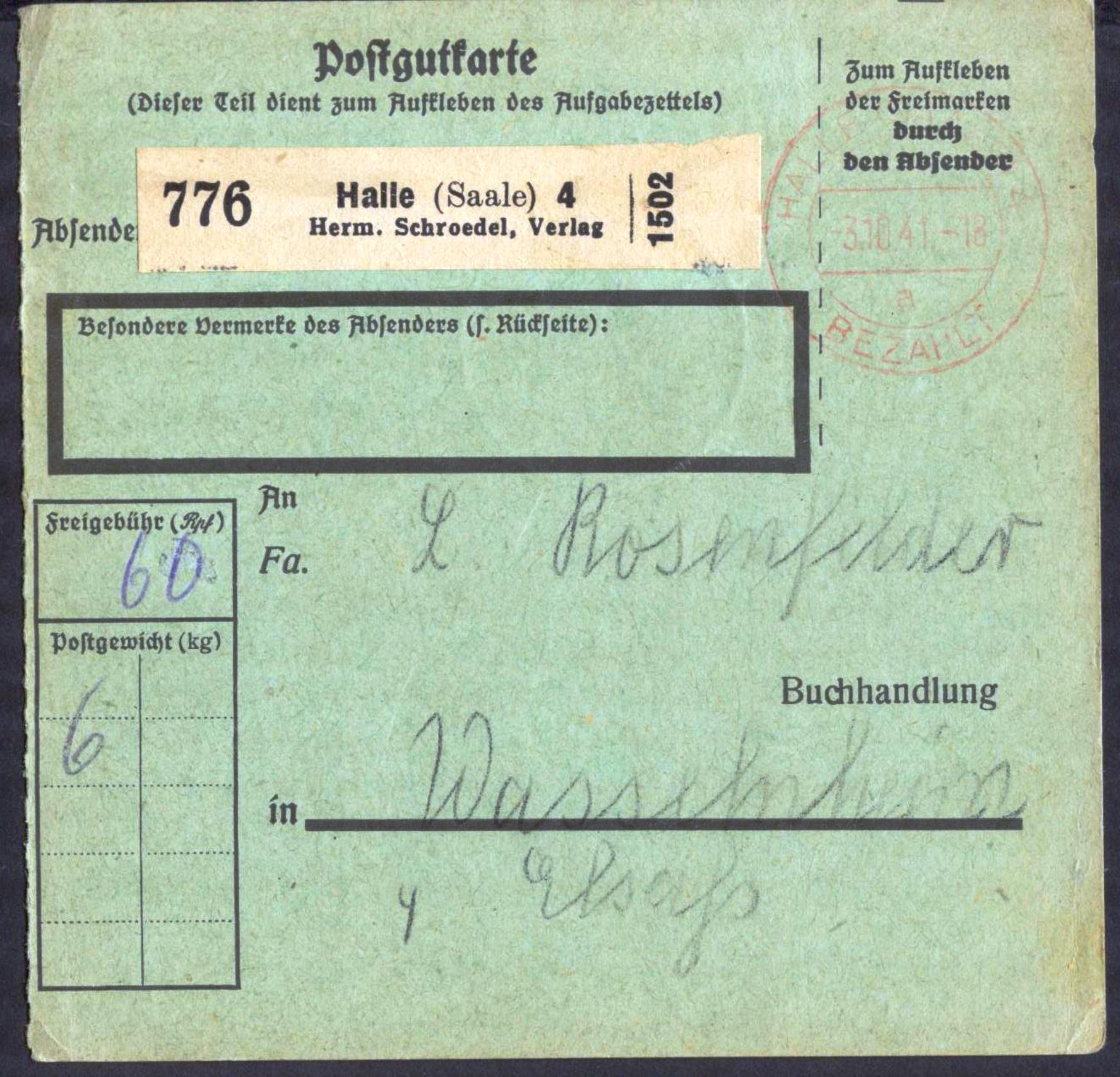 Germany 1941 Military Parcel Receipt Cover 776 Halle ( Saale ) 4, 2 ...