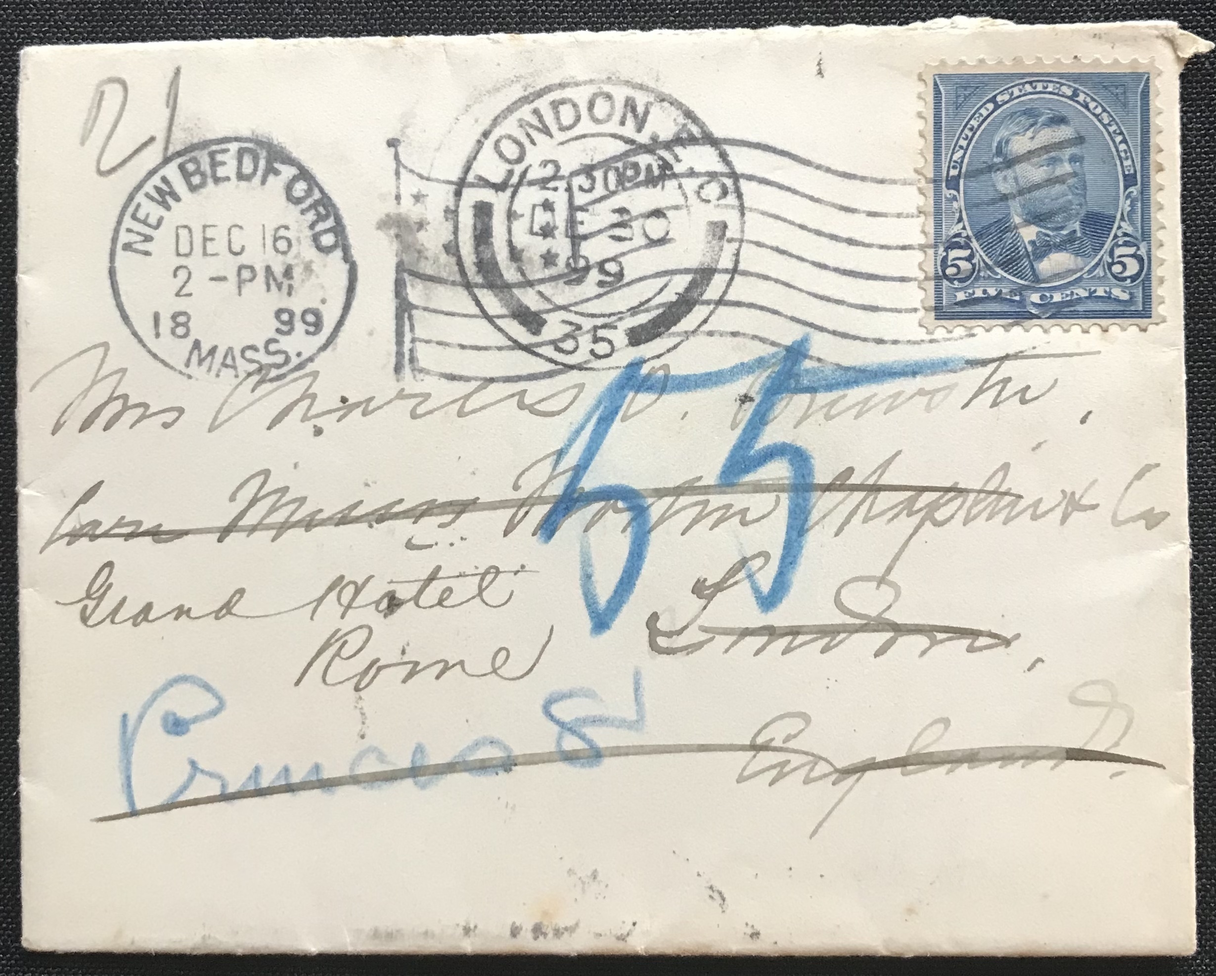 US #281 Forwarded Cover New Bedford MA to London to Rome? 12/16/1899 LB ...