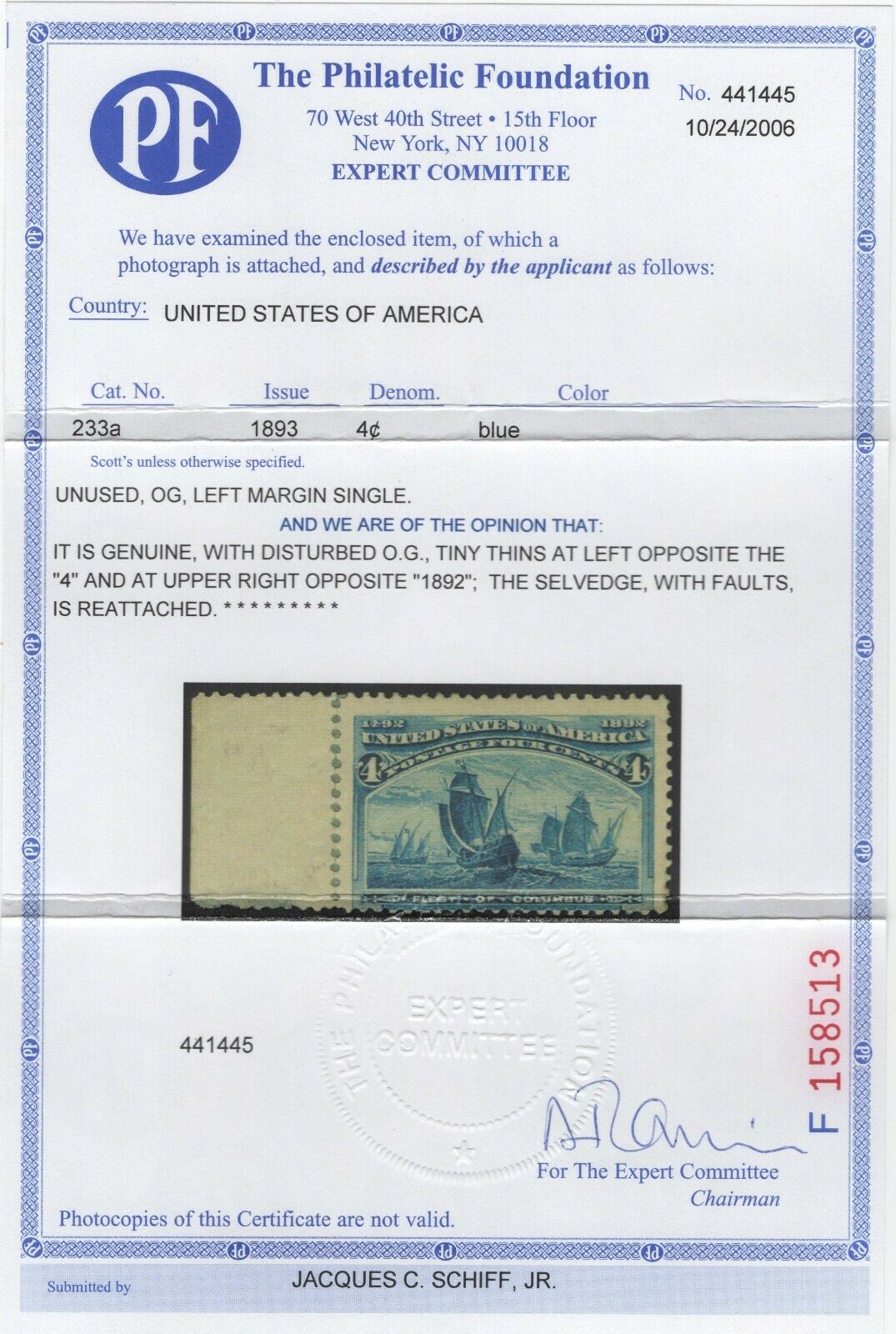 #233a Blue (Error) AVG-Fine, OG Hinged w/ PF Certificate SEE DETAILS ...
