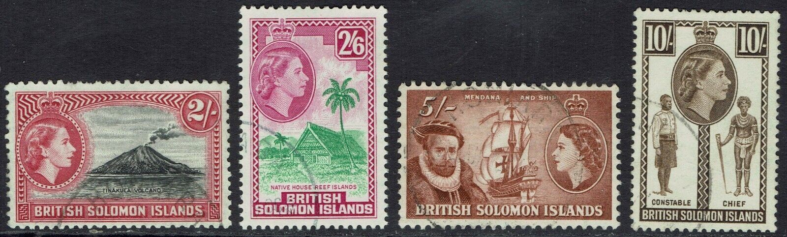 British Solomon Islands 1956 Qeii Pictorial 2/- to 10/- Used WMK Multi ...
