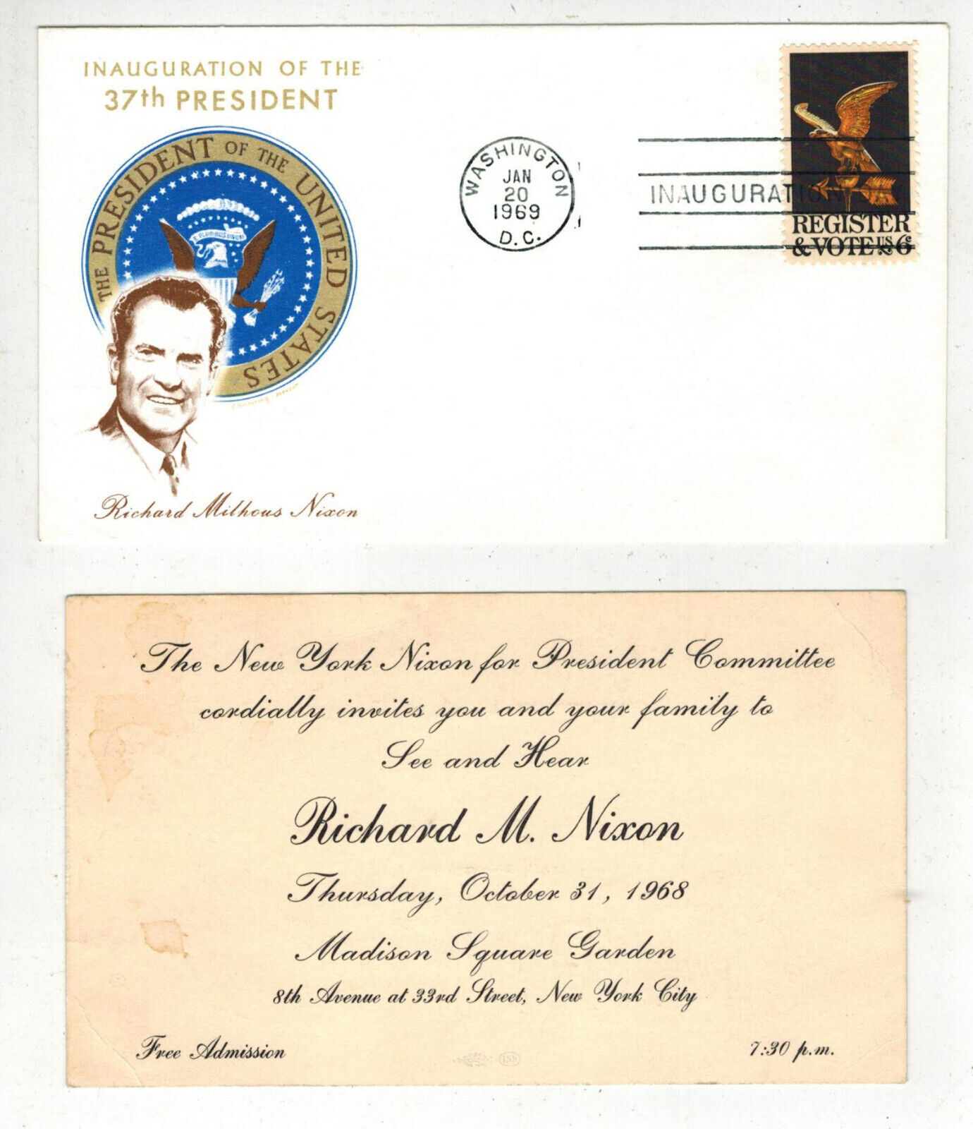1969 Inauguration DAY Cachet & Invitation Card NY Nixon for President ...