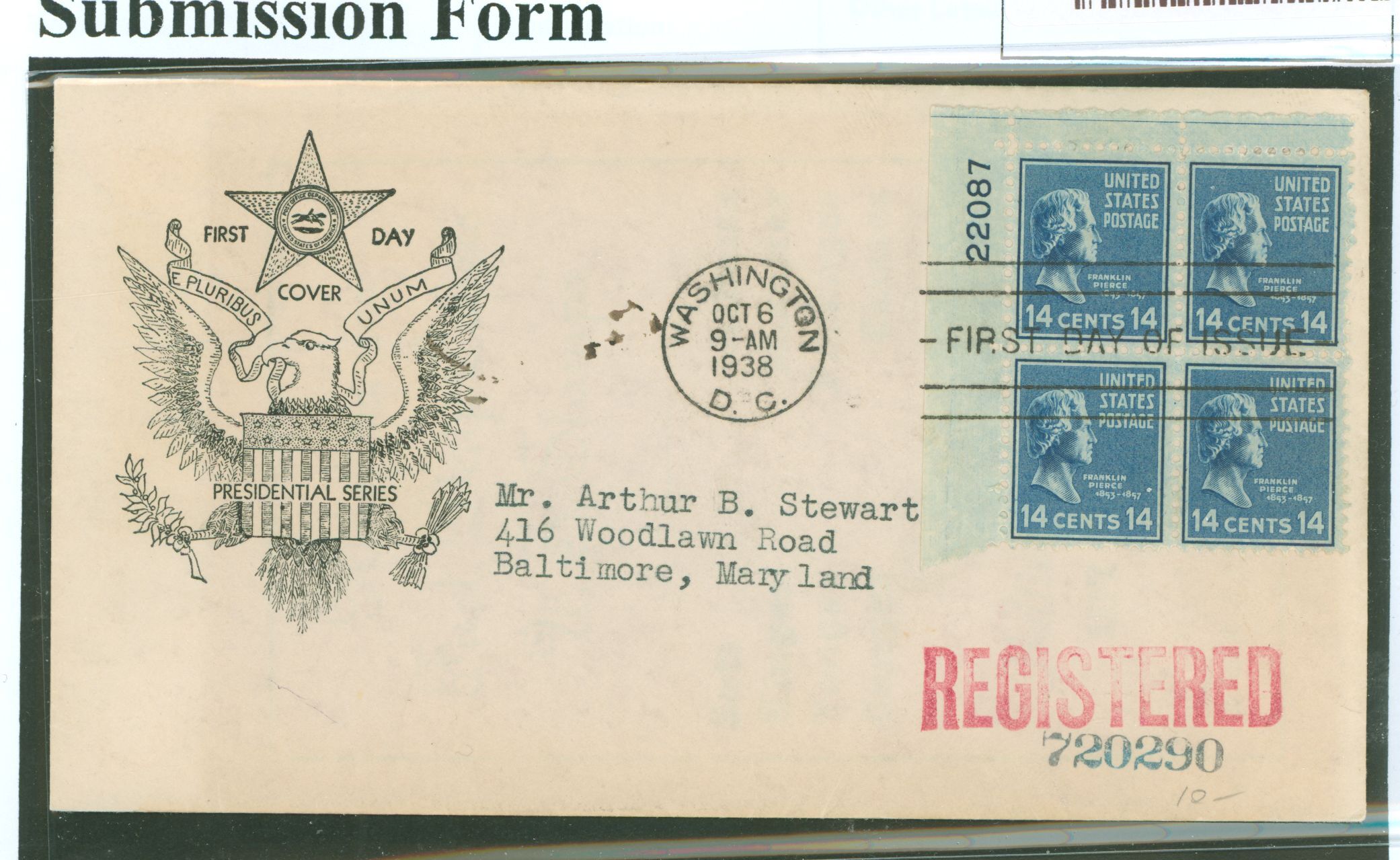 US 819 1938 14c Franklin Pierce (presidential/prexy series) plate block ...