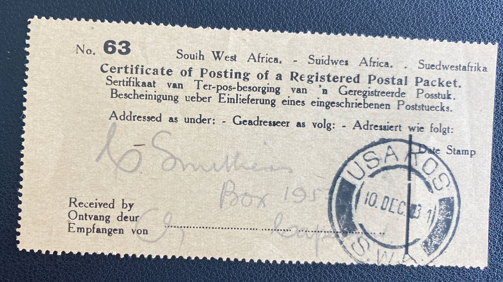 1931 Usakos South West Africa Postal Packet Parcel Receipt Cover To ...