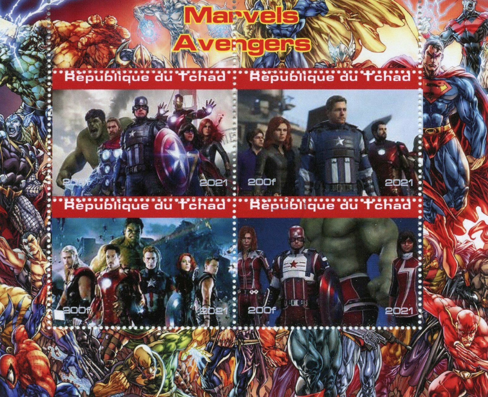 Marvel Superheroes Stamps Chad 2021 CTO Avengers Hulk Thor Movies Film ...