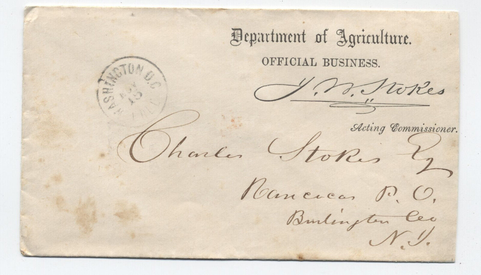 c1867 Washington DC free frank J.W. Stokes acting cmr Agriculture [ST ...