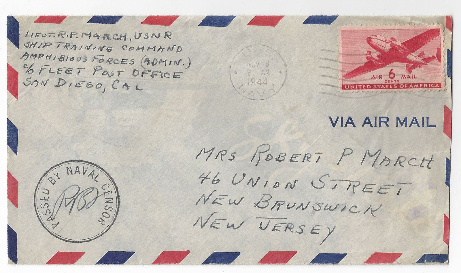 1944 Censored WWII Navy Cover Ship Training Command Amphibious Forces ...