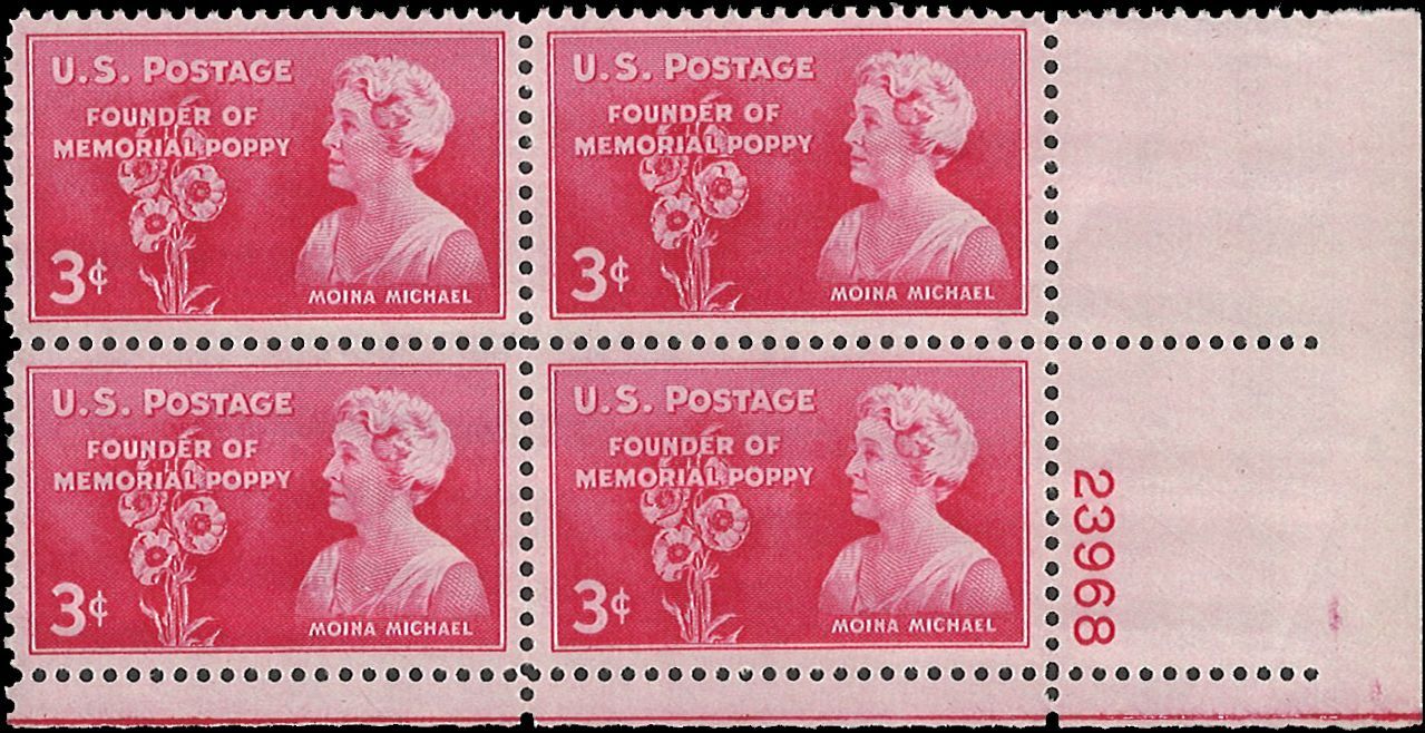 Scott # 977 1948 3c rose car Monia Michael & Poppy Plant Plate Block ...