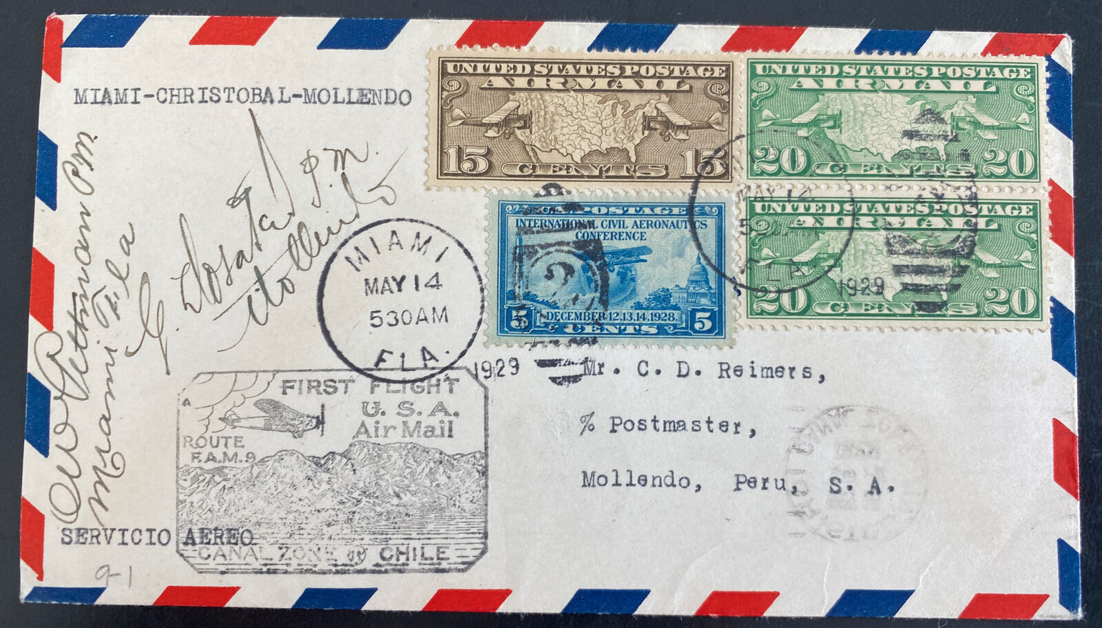 1929 Miami FL USA First Flight Airmail cover FFC To Mollendo Peru ...