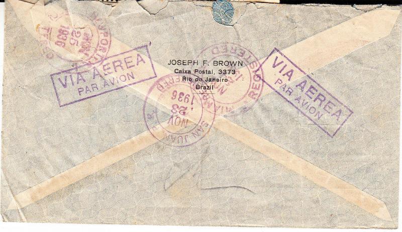 Brazil Air Mail Registered Cover 1936 4500 Reis. Postage | Central ...