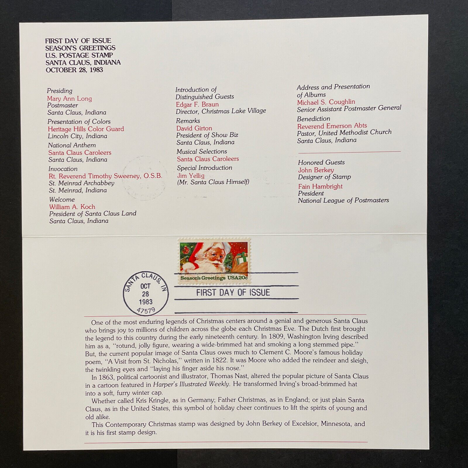 1983 Santa Claus Christmas Stamp First Day Ceremony Program Sc# 2064 ...
