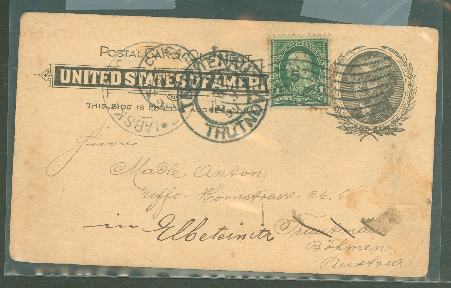 US UX14 1899 uprated postal card to Bohemia, forwarded | United States ...