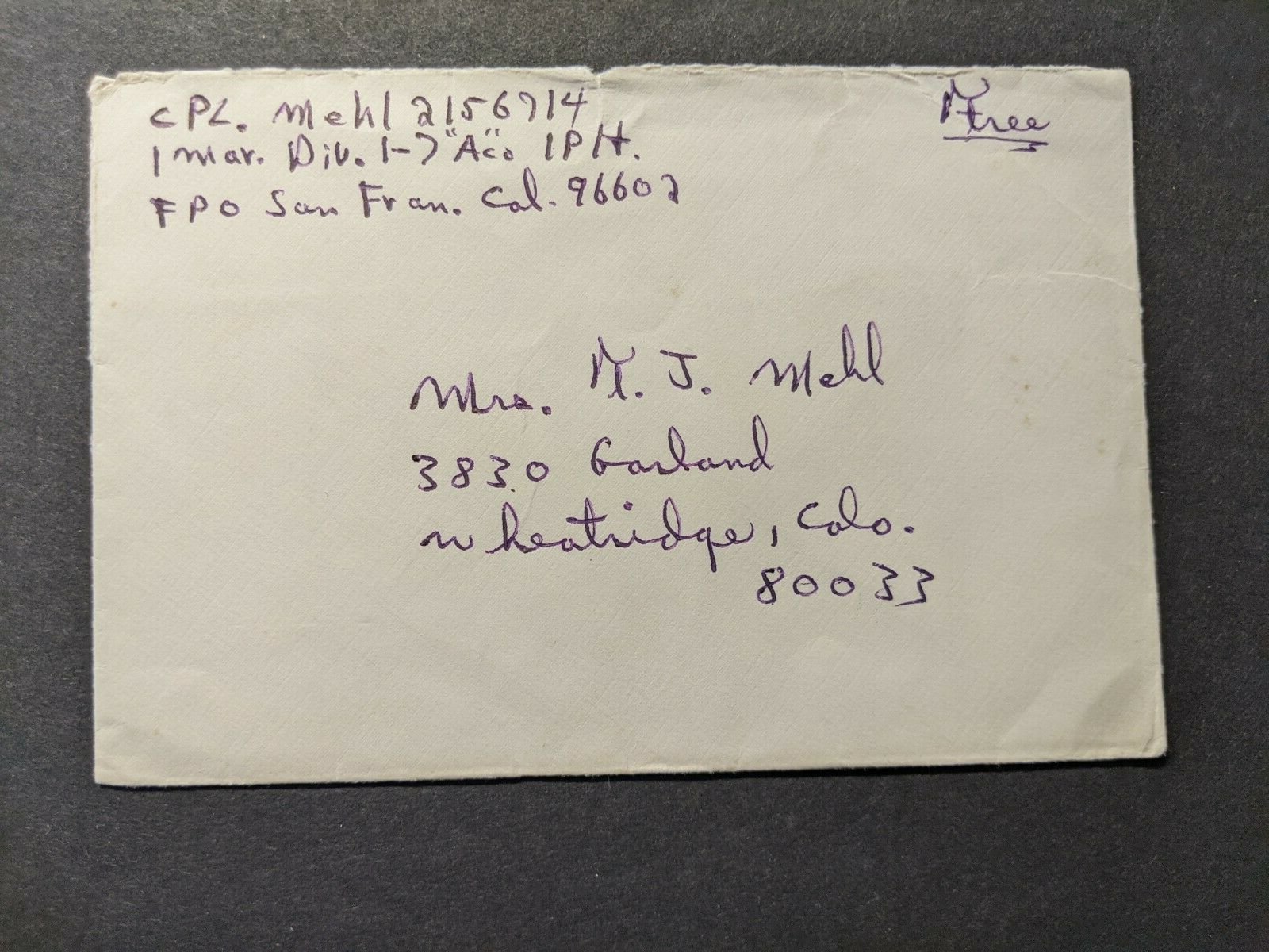 FPO 96602 VIETNAM USMC Postal History Cover 1st MARINE Division ...