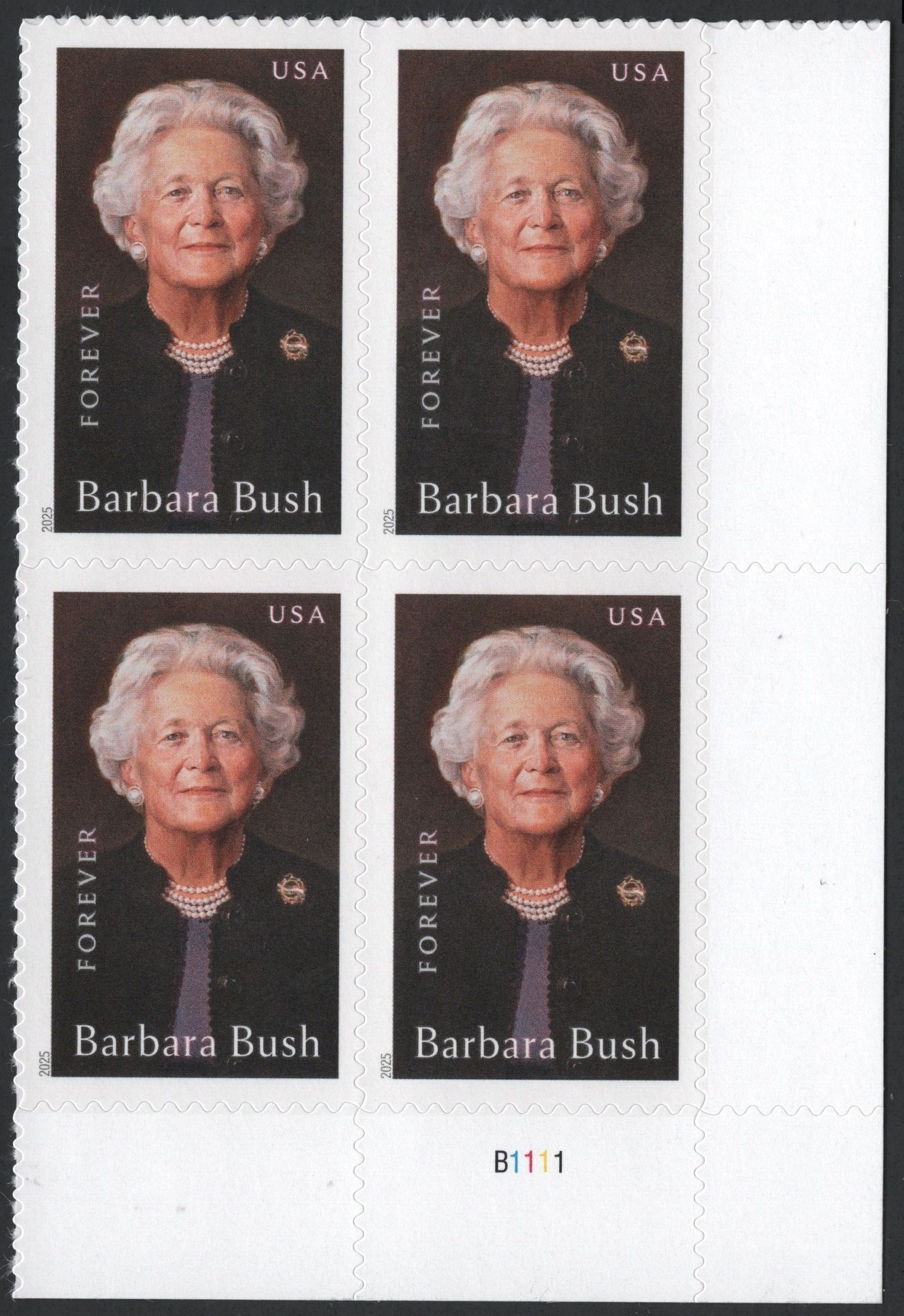 SC#6022 (Forever) Barbara Bush Plate Block: LR #B1111 (2025) SA ...