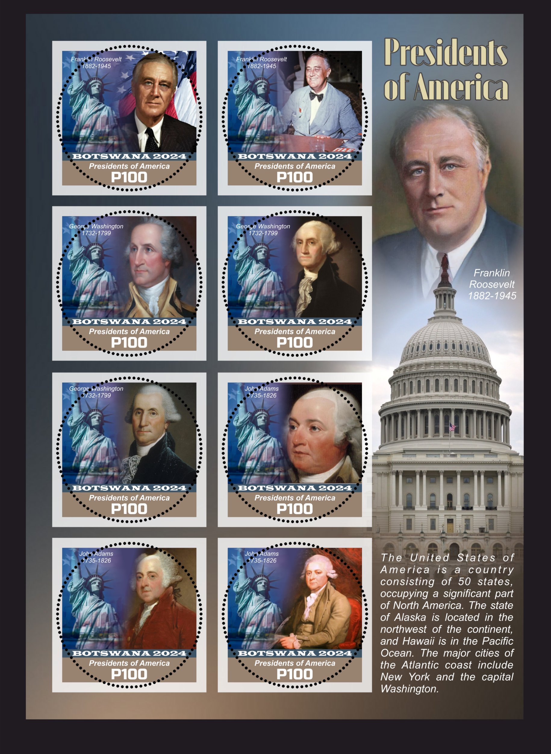 Stamps. Presidents of USA Franklin Roosevelt 2024 year 1 sheet ...