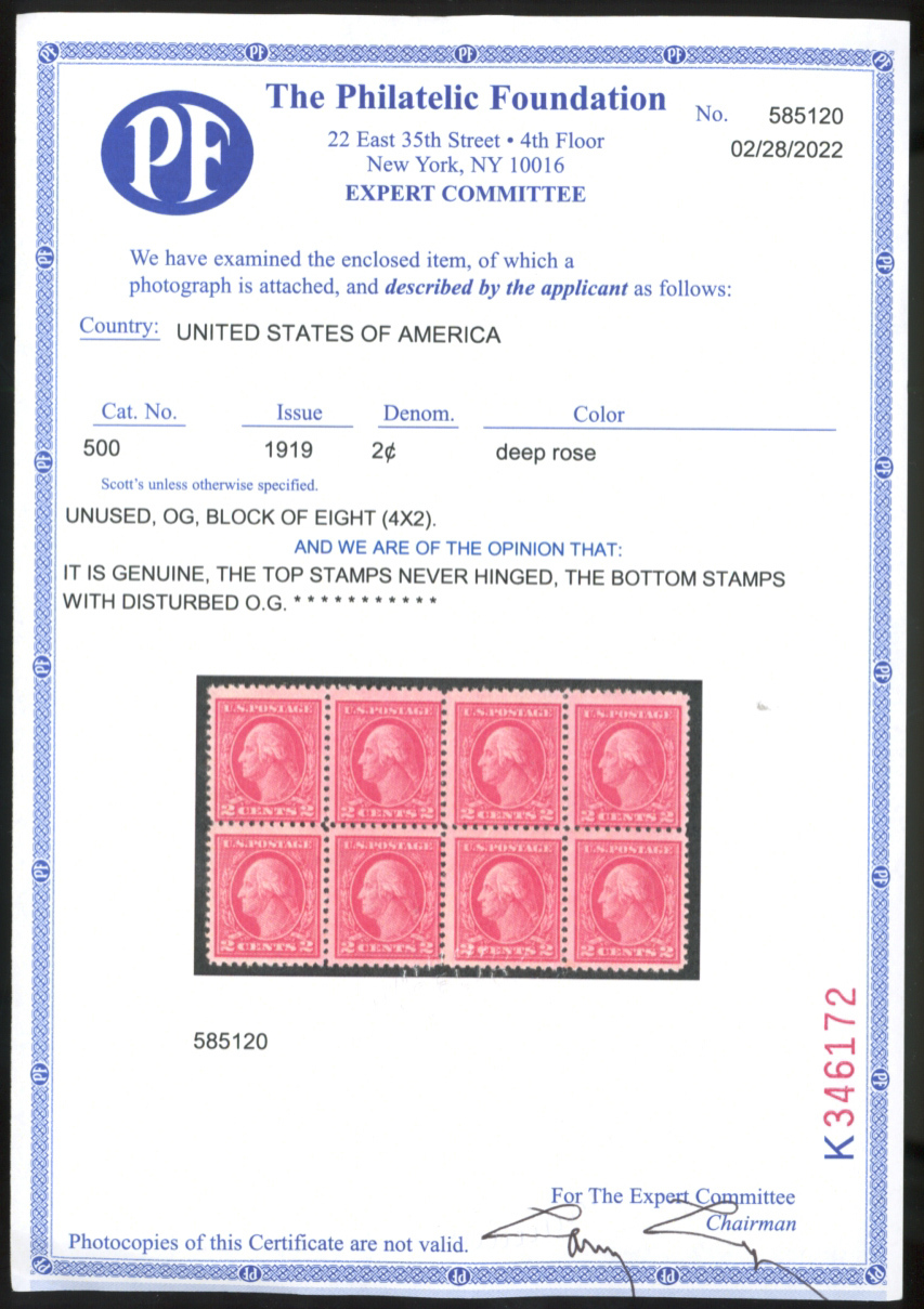 U.S. #500 Mint Block of 8 With PF Cert TOP Stamp NH/Bottom Stamps Dist ...