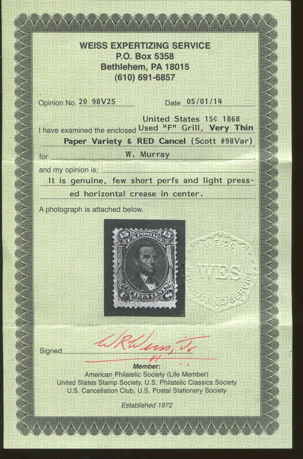1868 US Stamp #98 15c Very Thin Used Red Cancel Catalogue Value $575 ...