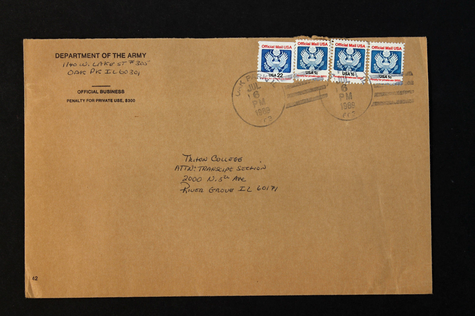 US Stamp Sc# O127 (3 singles) + O136 on Large Dept.of the Army Manila ...