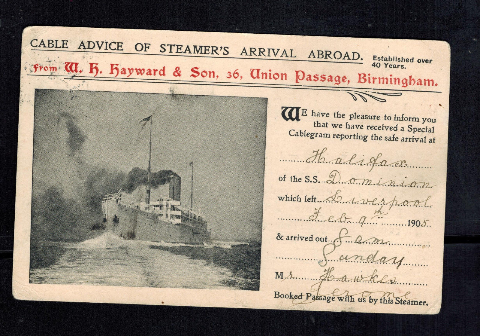 1905 England HMS Dominion SHip Postcard Cover Arrival Notice Cable ...