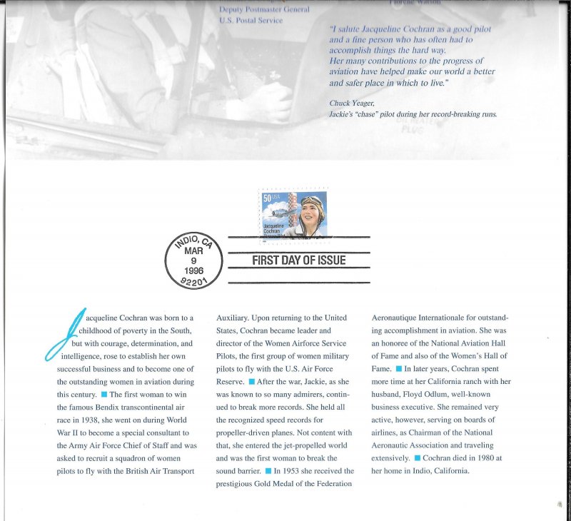 #3066 USPS FDC First Day Ceremony Program Jacqueline Cochran (12986 ...