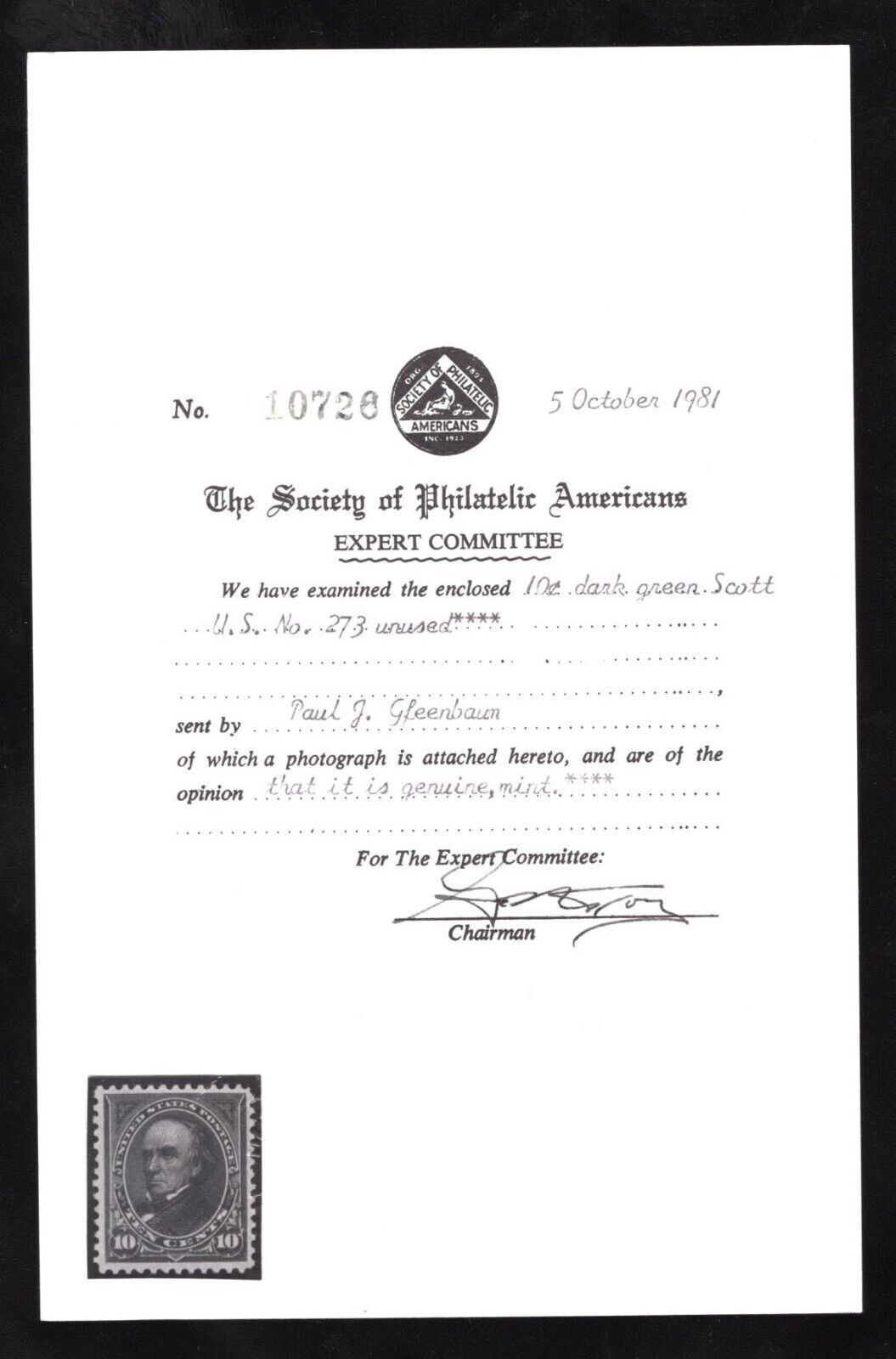 US Stamps #273 Mint OG NH VF+ SPA Cert LOT #77477 | United States ...