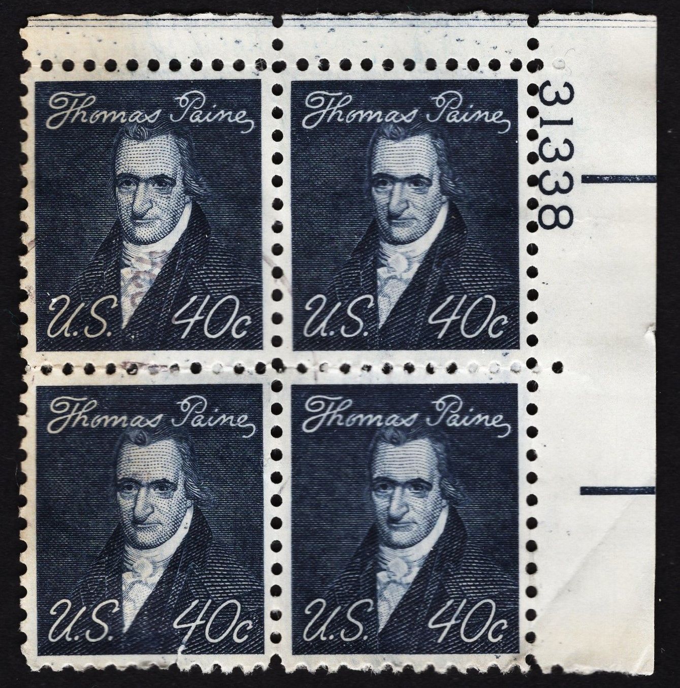 US 1292 USED NG VG 40 Cent Thomas Paine Plate Block UR #31338 | United ...