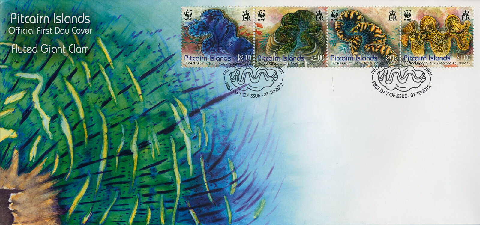 Pitcairn Islands 2012 FDC WWF Stamps Fluted Giant Clam Marine Animals ...