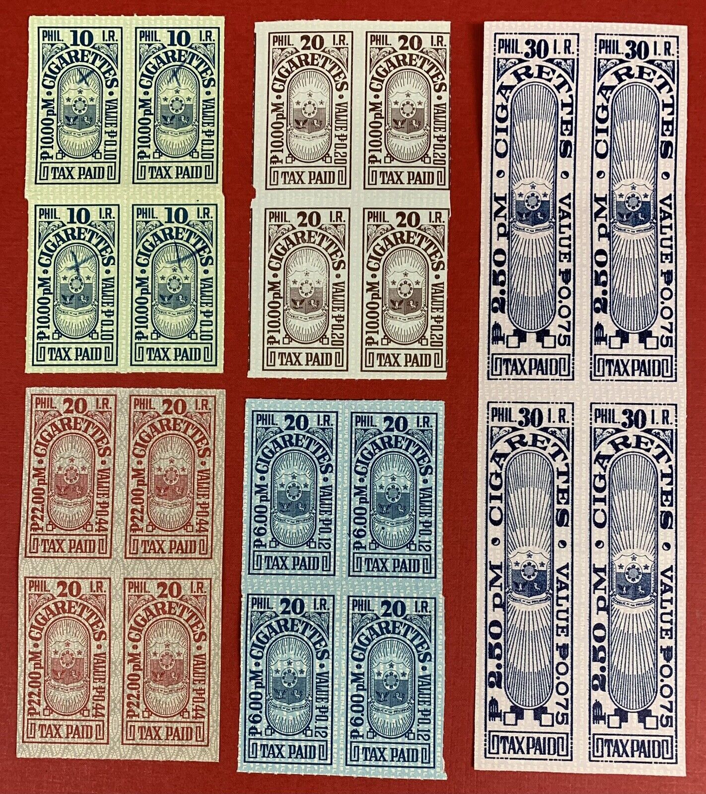 Philippines, Cigarettes, Tax Paid Revenue Stamps in Blocks of 4, Set of ...