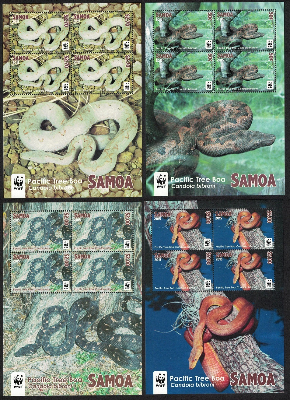 Samoa WWF Pacific Tree Boa Candoia bibroni Snake 4v Sheetlets 2015 MNH ...