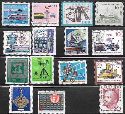 DDR Germany set of 15 used stamps. Trains, Ships, Space / HipStamp