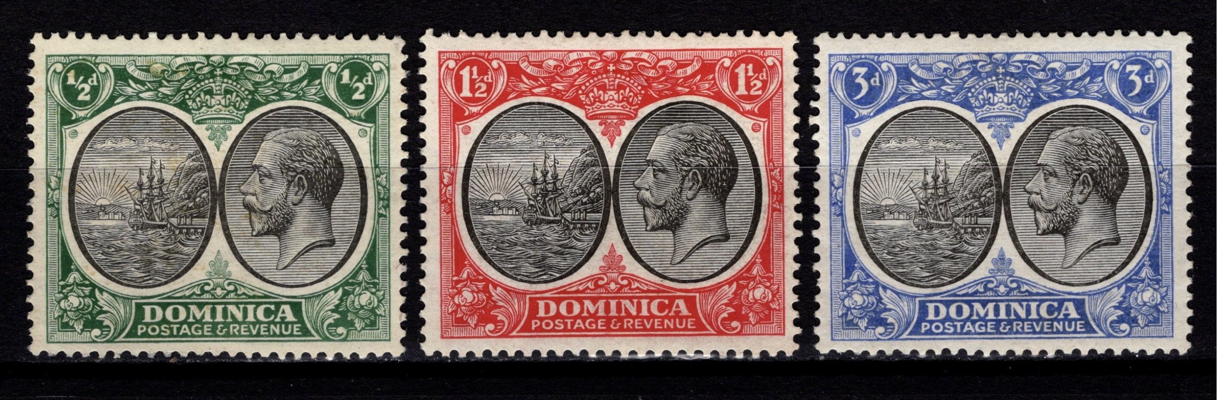 Dominica 1923 George V Definitives, ½d, 1½d & 3d [Unused] | Caribbean ...
