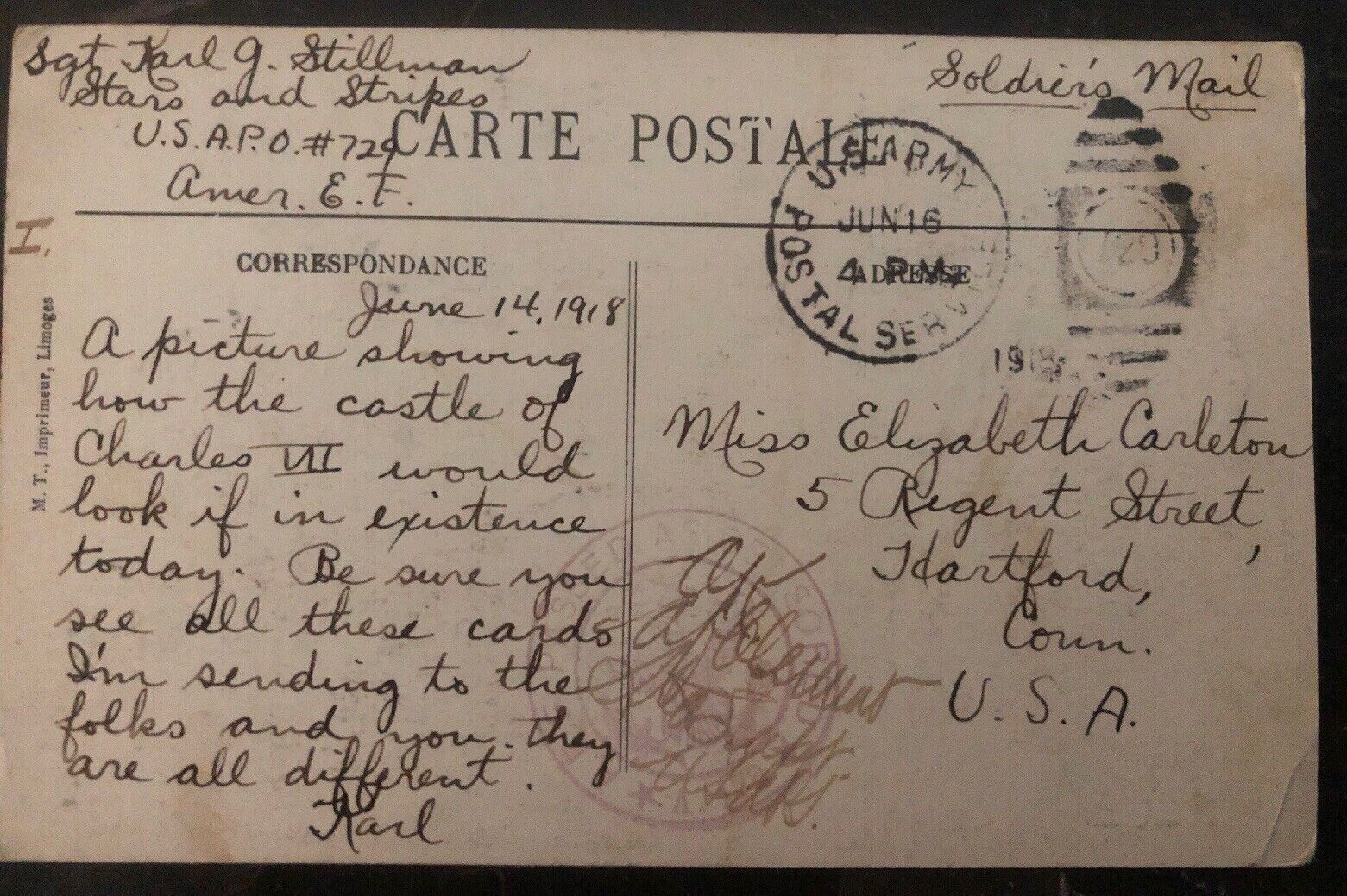 1918 USA Army PO In France RPPC Postcard Cover To Hartford CT Roy ...
