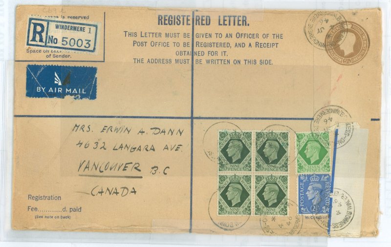 Great Britain 1946 5 1/2d registered envelope, size H; used to Canada ...