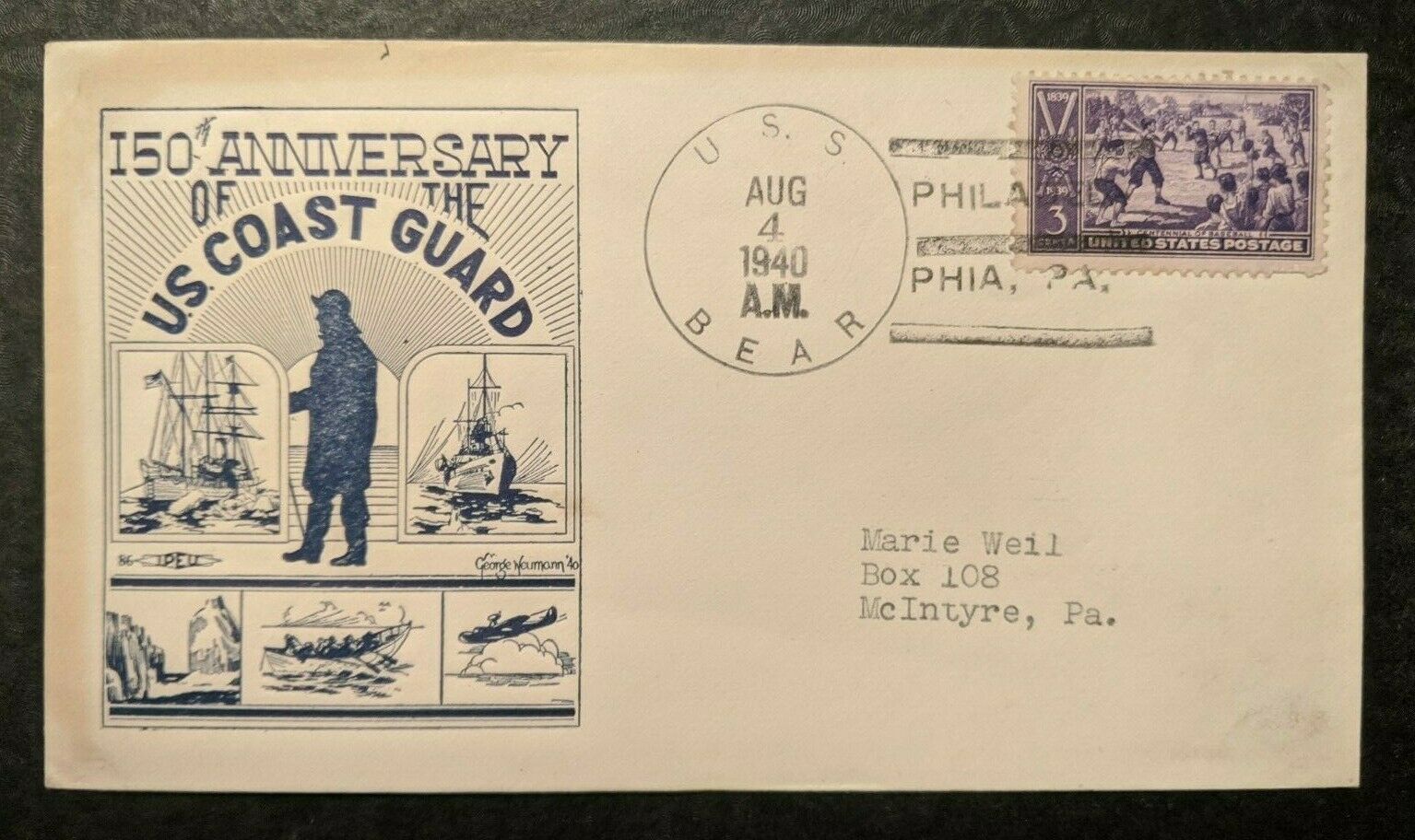1940 US Coast Guard Anniversary USS Bear PA WWII Illustrated Patriotic ...
