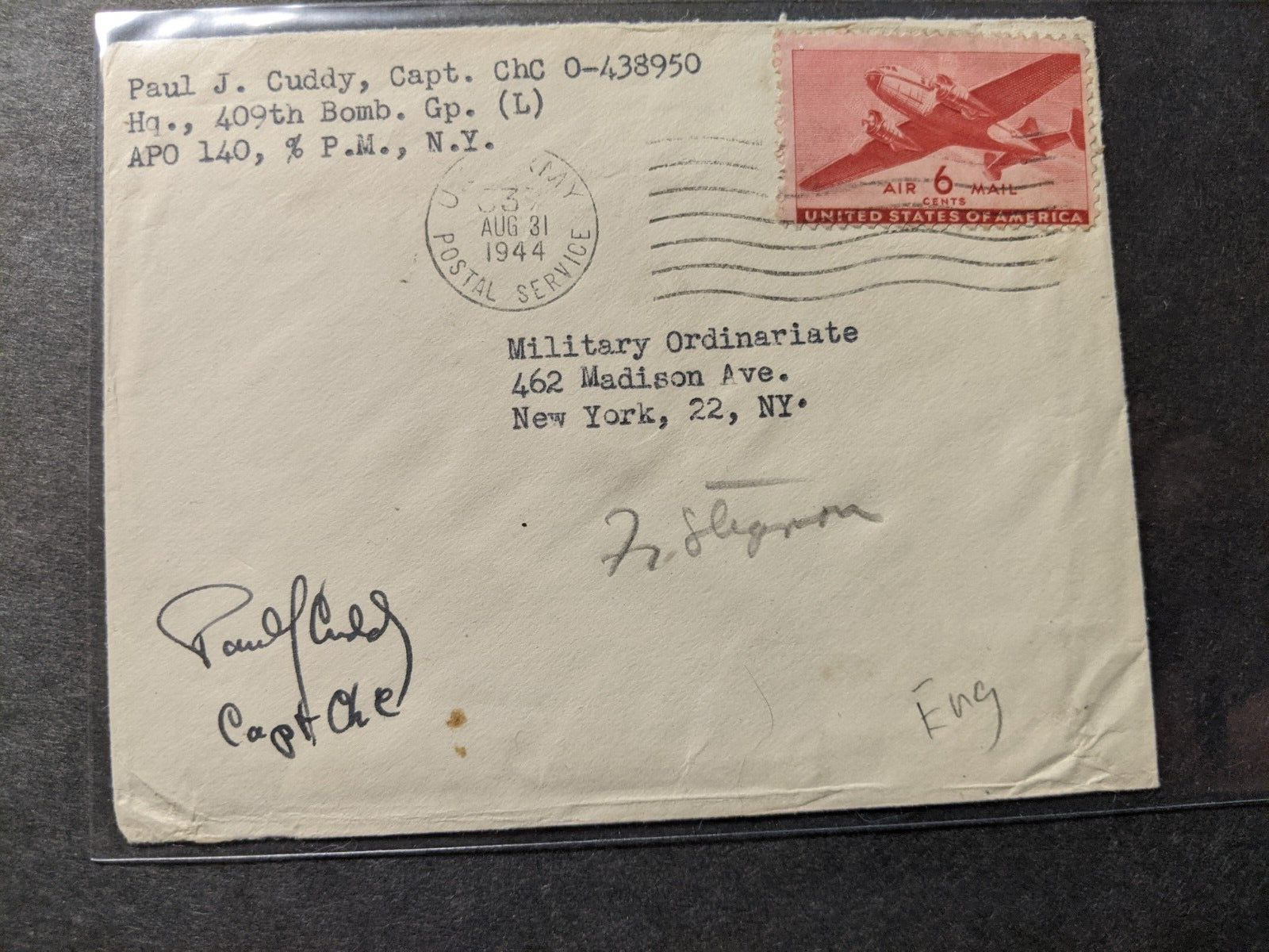 APO 140 MARKS HALL, ENGLAND, UK 1944 Censored WWII Army Cover 409th ...