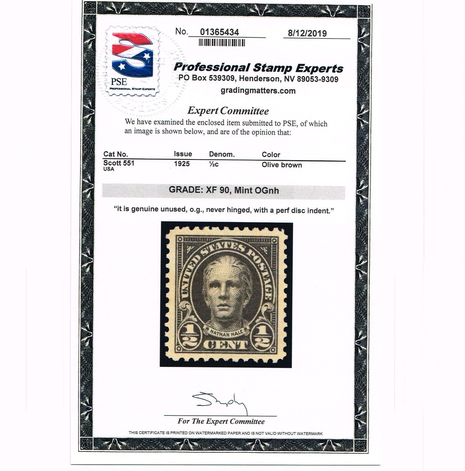 Excellent Genuine Scott #551 Mint Pristine OG NH 1925 Hale PSE Cert ...