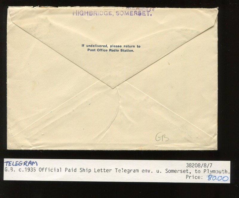 Official Paid Ship Letter Telegram Cover Somerset to Plymouth EX Kramer ...