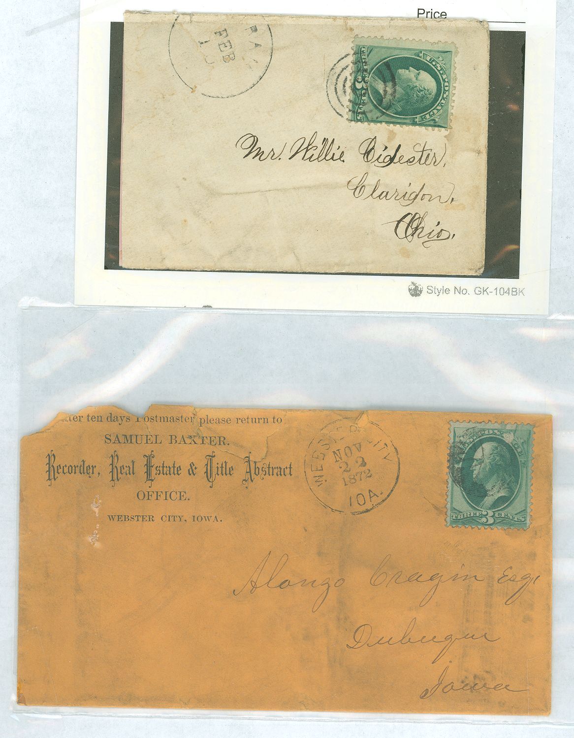 US top - cover with partial letter dated 1875, lower - cover samuel ...
